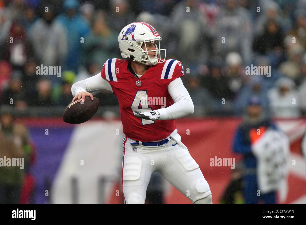 New England Patriots quarterback Bailey Zappe (4) looks to pass during ...