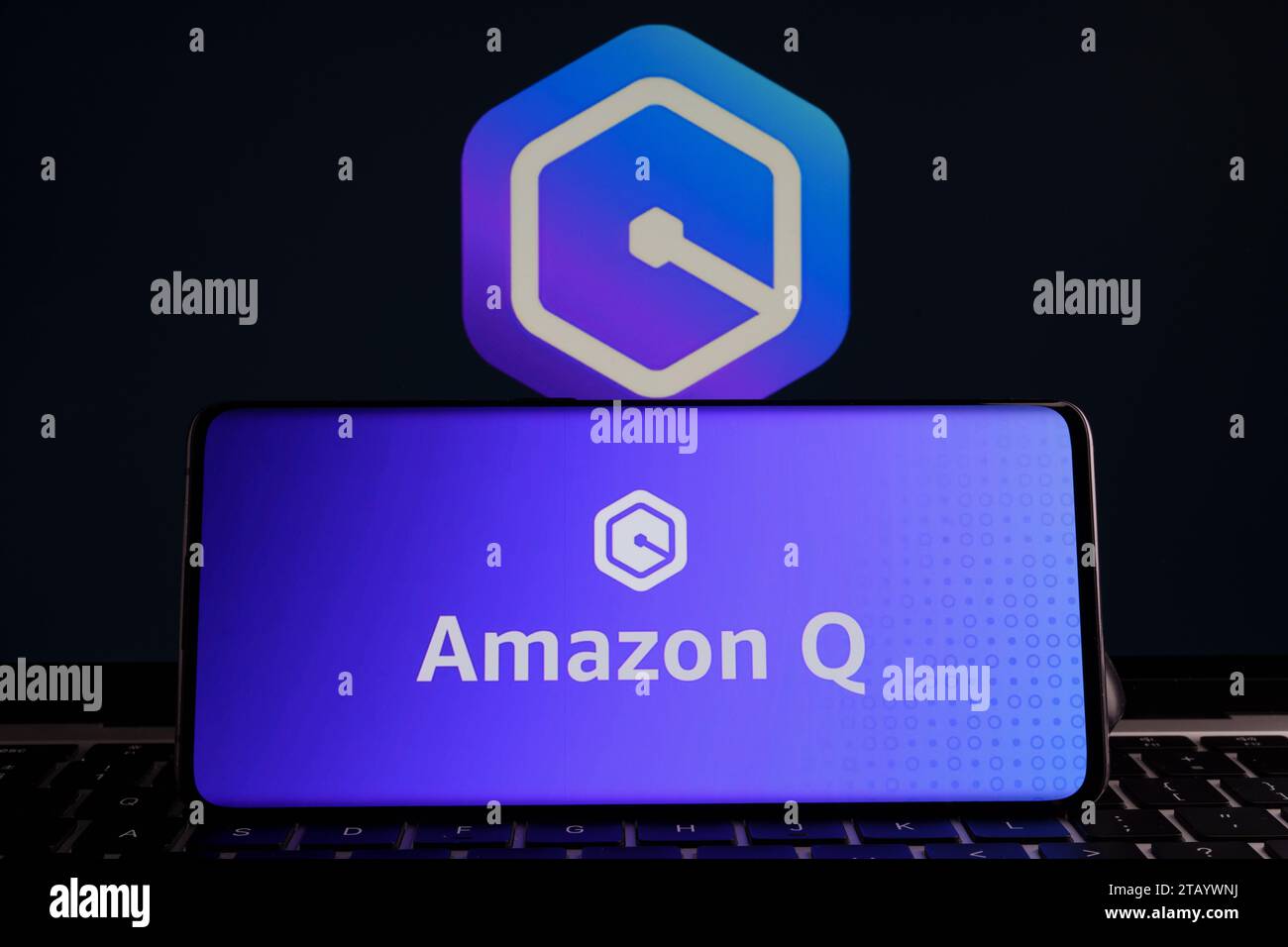 Amazon Q AI logo seen on smarphone screen. New generative AI assistant, AI chatbot for ...