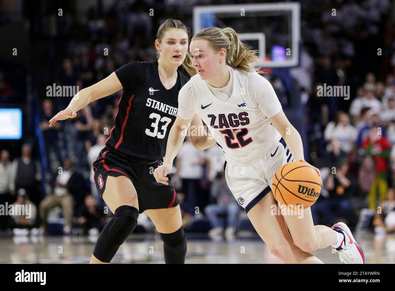 Gonzaga guard Brynna Maxwell (22) drives while pressured by Stanford ...