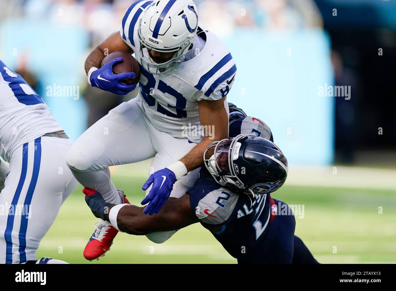 Tennessee Titans linebacker Azeez Al-Shaair (2) tackles Indianapolis ...