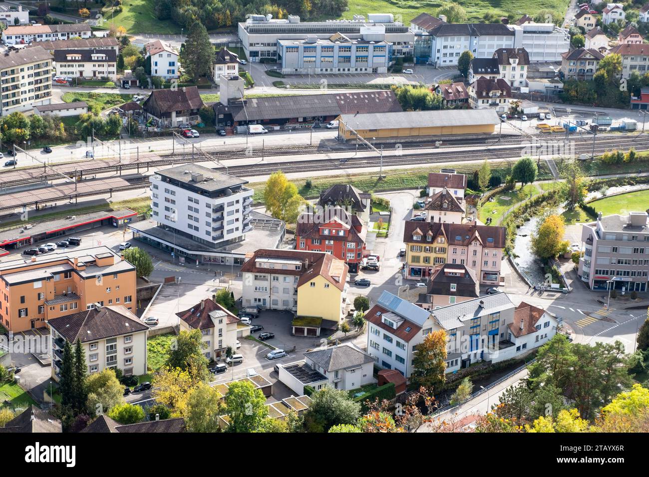 Street grid and rail way on railway station with houses and industrial ...