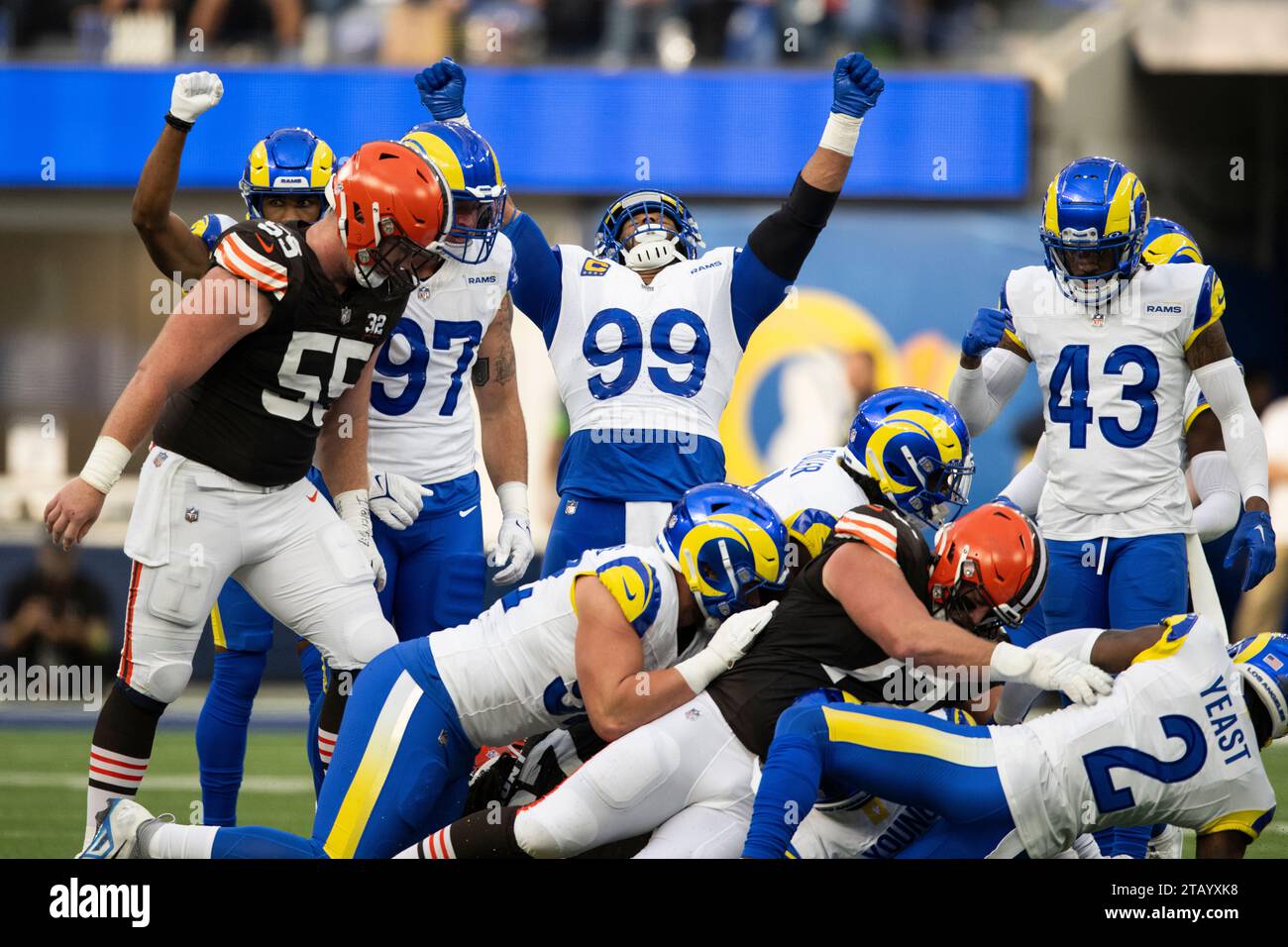 Los Angeles Rams defensive tackle Aaron Donald (99) reacts during an ...