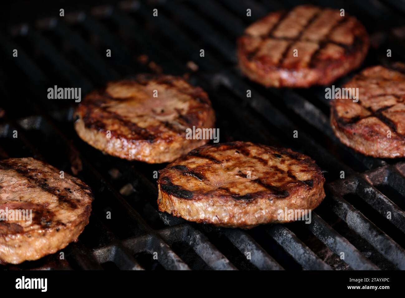 On a grill are half fried minced meatballs for a homemade burger ...