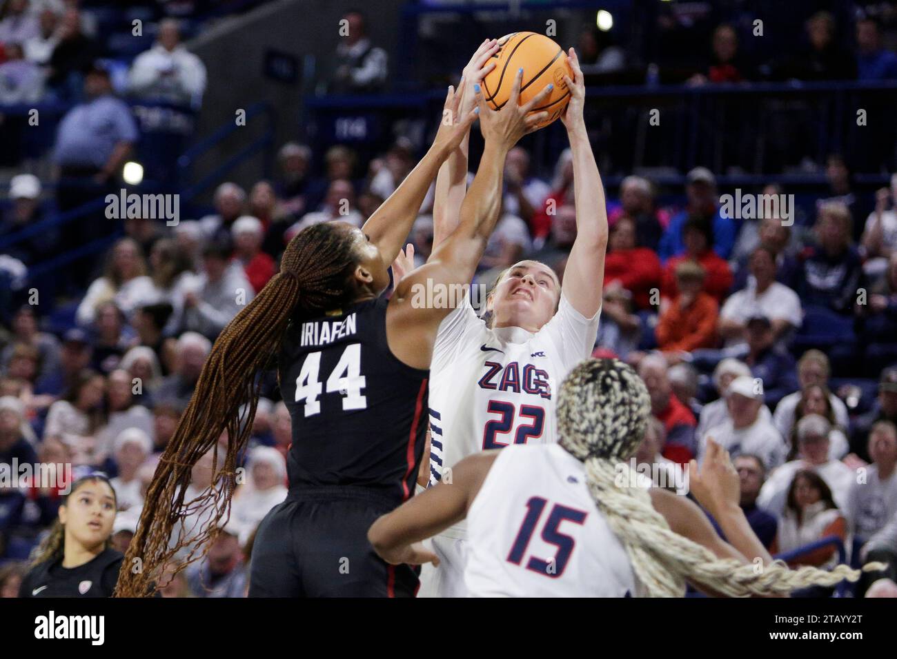 Stanford forward Kiki Iriafen (44) and Gonzaga guard Brynna Maxwell (22 ...