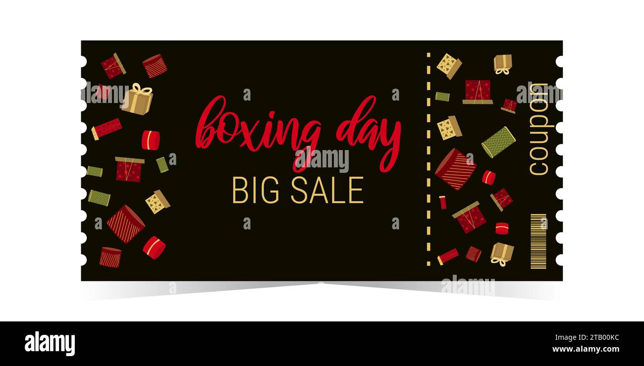 Boxing Day coupon color template layout vector. Colored gift boxes on a ...