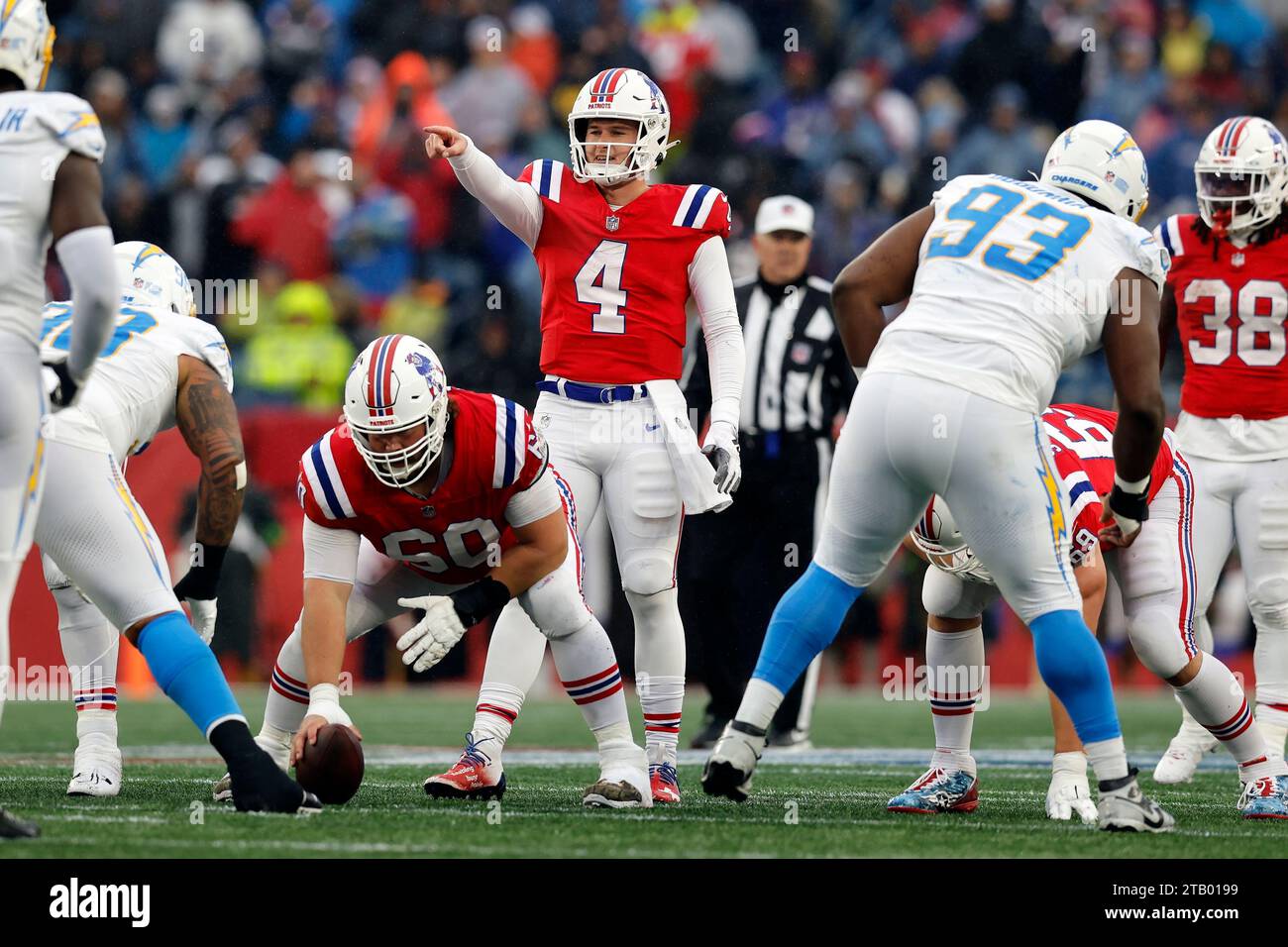 New England Patriots quarterback Bailey Zappe (4) plays against the Los ...