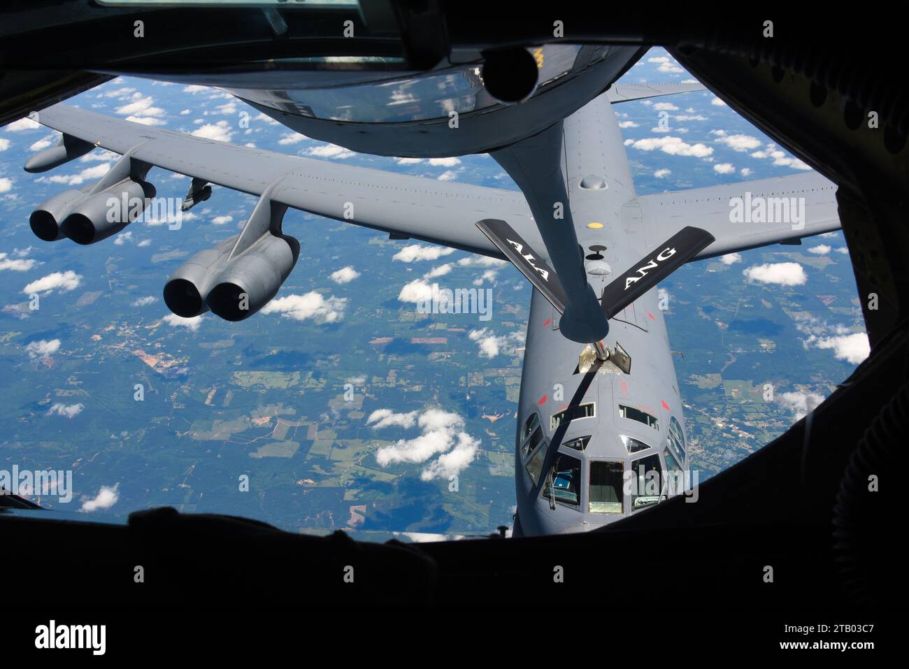 A U.S. Air Force B-52 is refueled by a U.S. Air Force KC-135 assigned ...