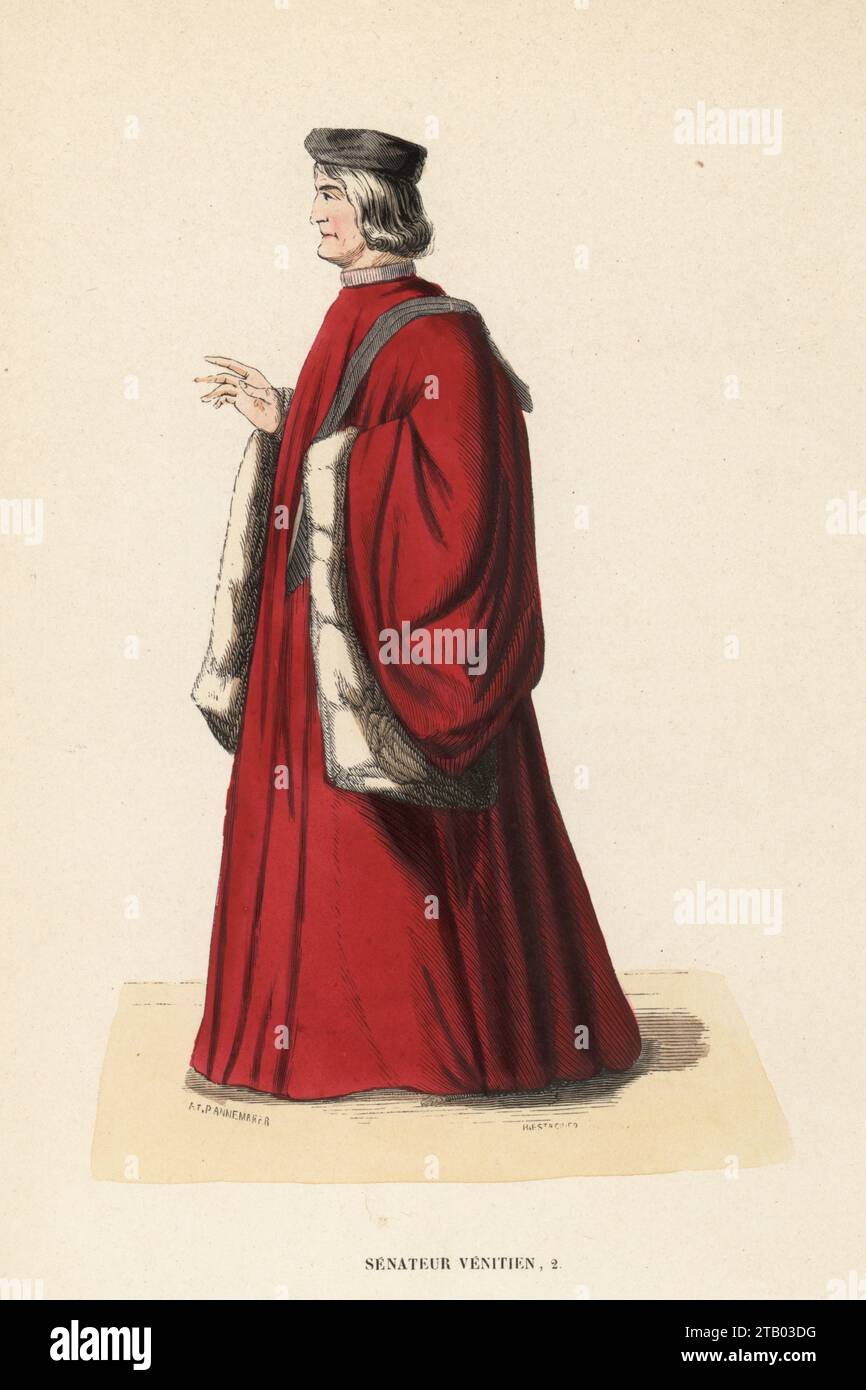 Costume of a Venetian senator, 15th century. In black toque hat, red ...