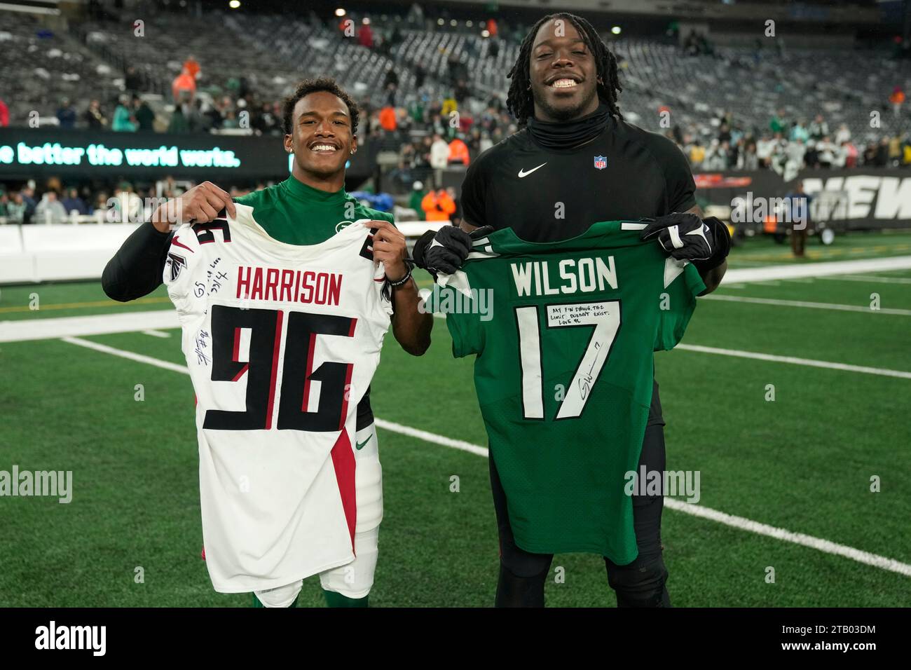 New York Jets wide receiver Garrett Wilson, left, and Atlanta Falcons ...