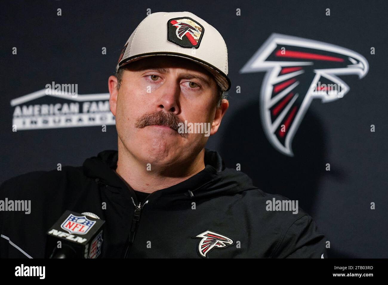 Atlanta Falcons head coach Arthur Smith answers questions during a news ...