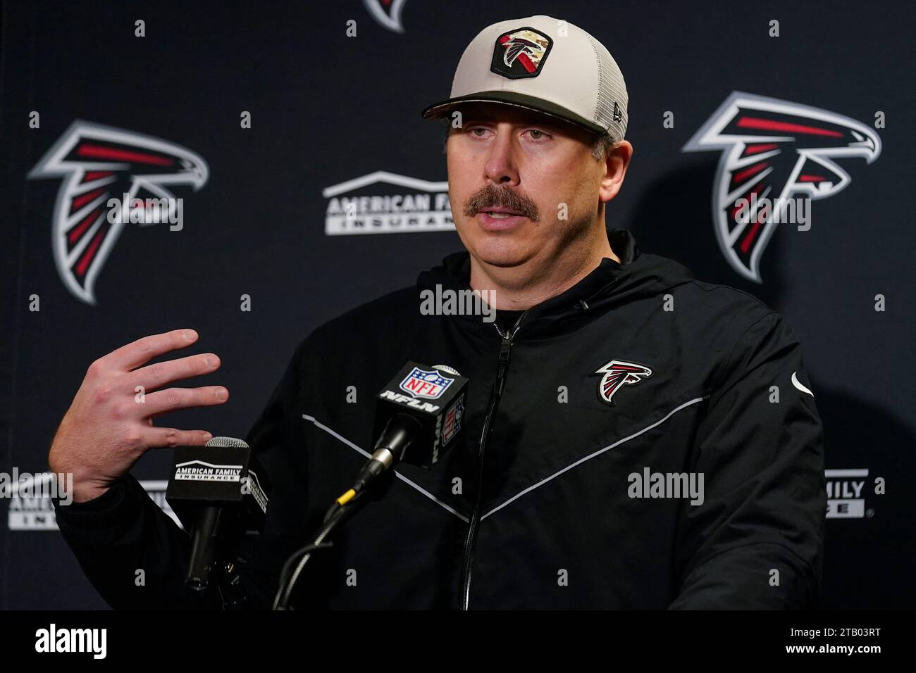 Atlanta Falcons head coach Arthur Smith answers questions during a news ...