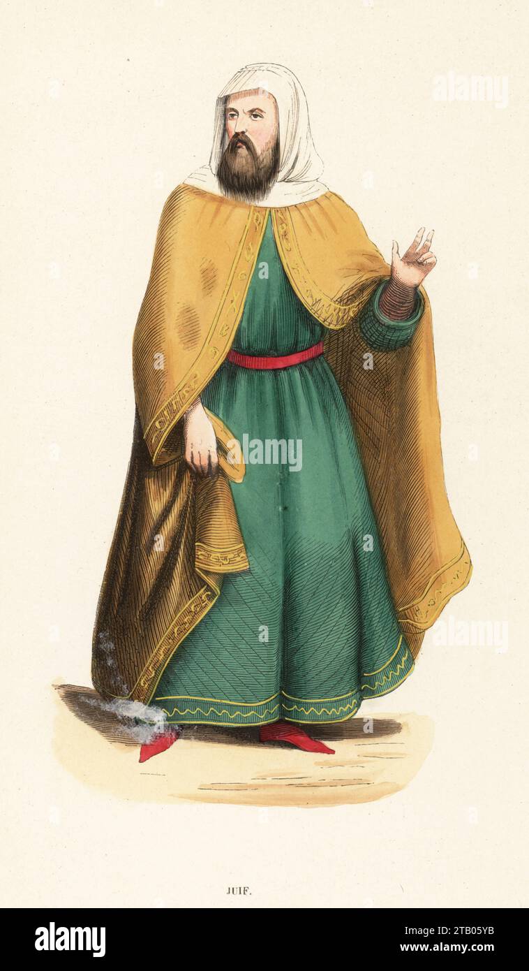 Costume of a Jewish man, 14th century. In a white hood, yellow cape ...