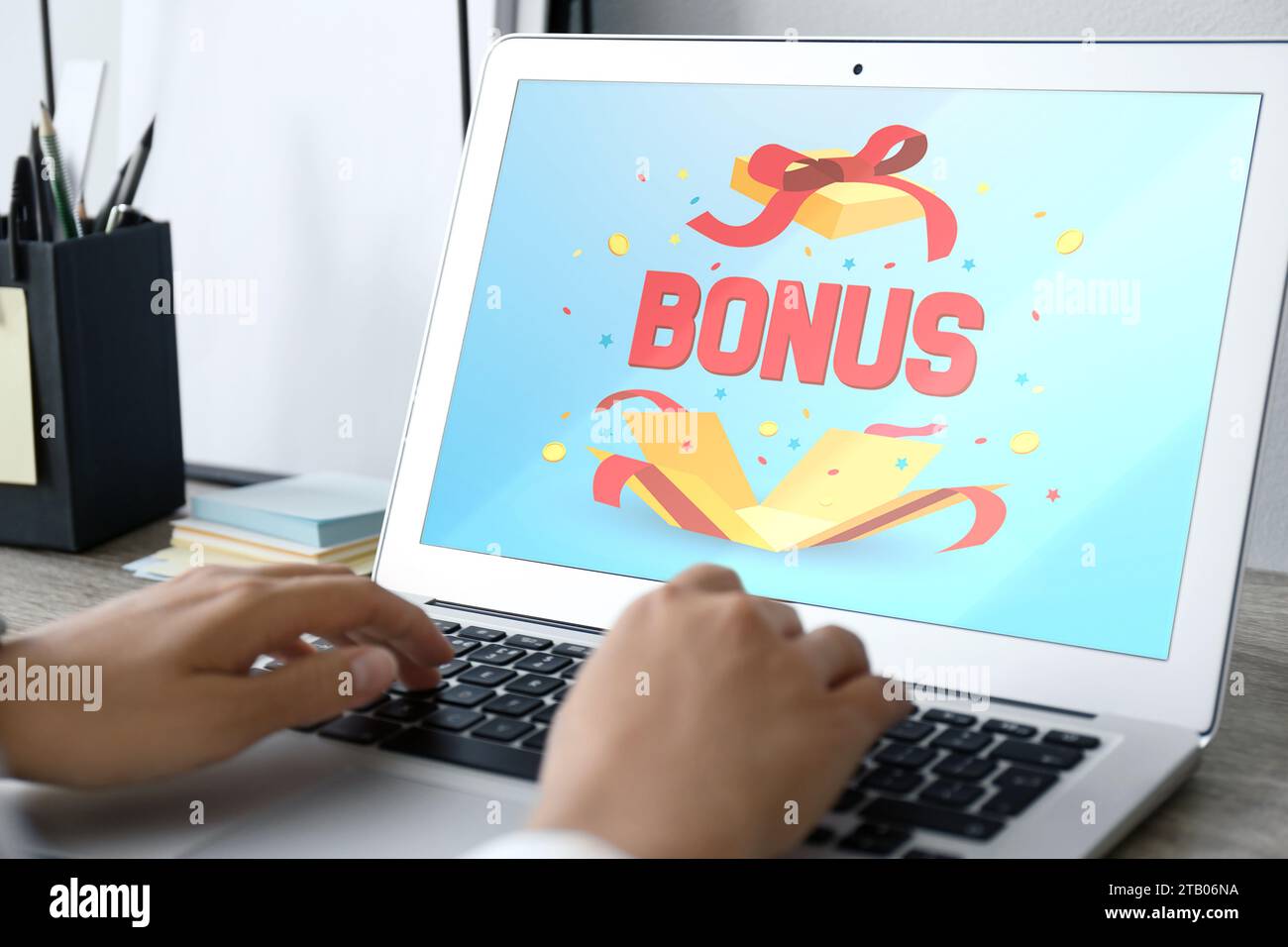 Bonus gaining. Woman using laptop with at table, closeup. Illustration ...