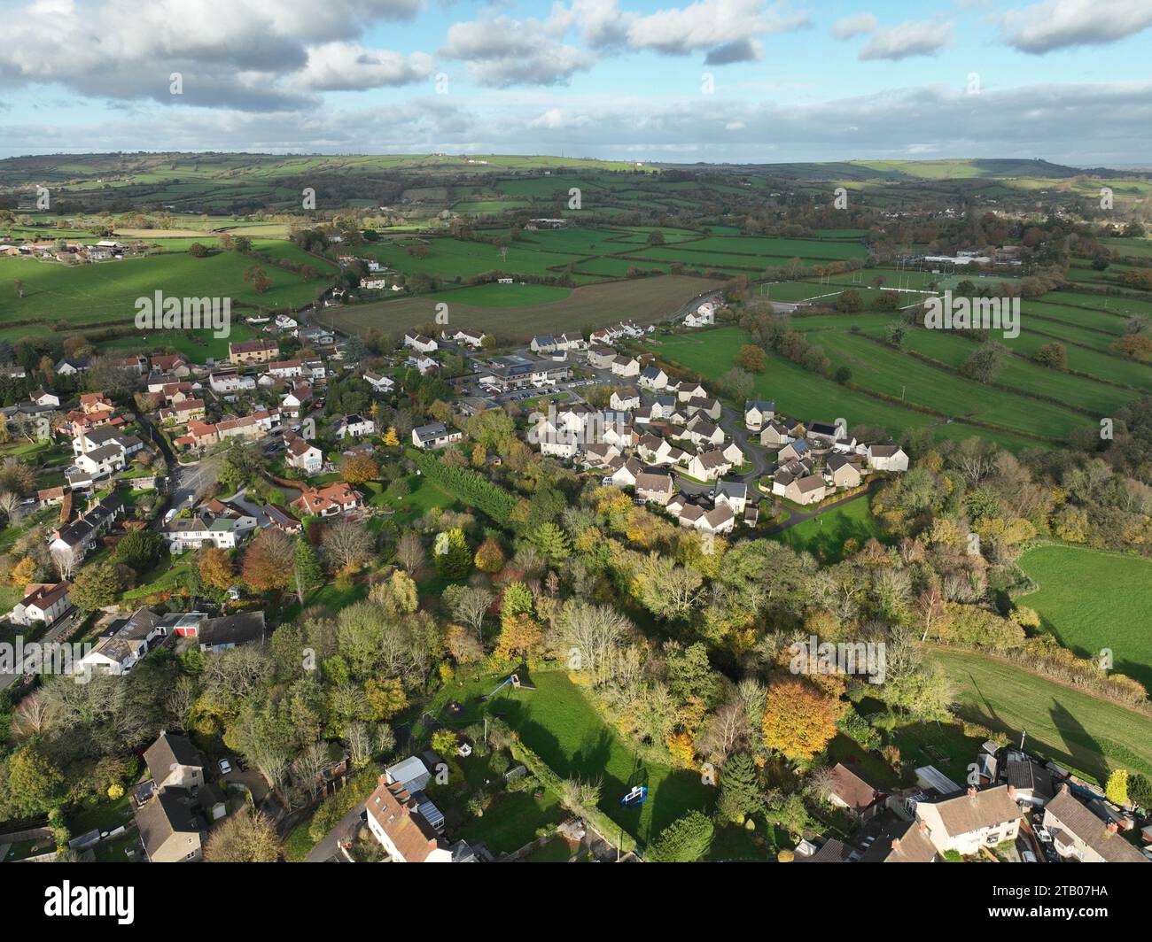 Aerial drone view over The village of Chew Stoke, that sits at the ...
