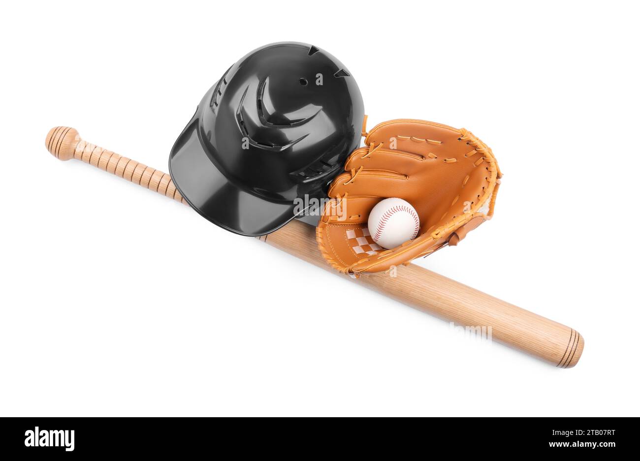 Baseball glove, bat, ball and batting helmet isolated on white, top ...
