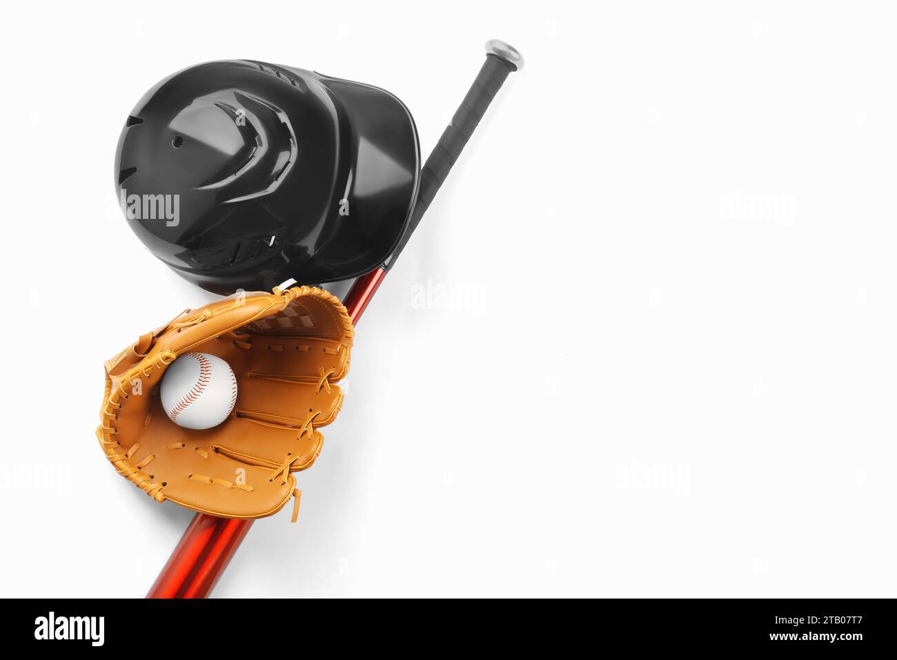 Baseball glove, bat, ball and batting helmet on white background, flat ...