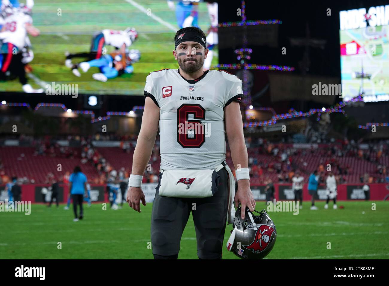 Tampa Bay Buccaneers quarterback Baker Mayfield (6) leaves the field following an NFL football ...