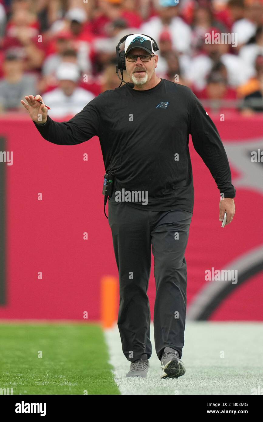 Carolina Panthers interim head coach Chris Tabor watches a reply on the ...