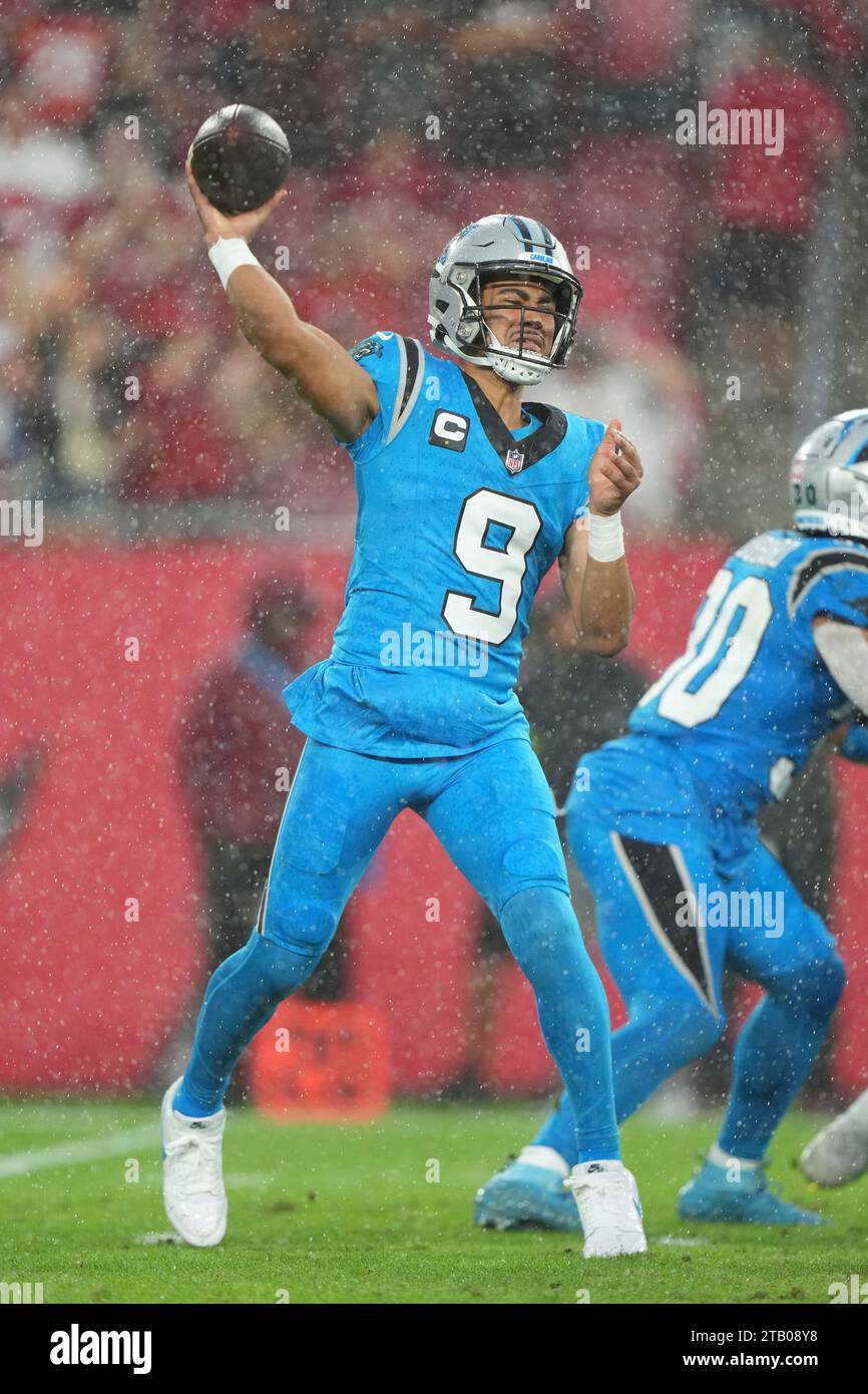 Carolina Panthers quarterback Bryce Young (9) makes a pass attempt in ...