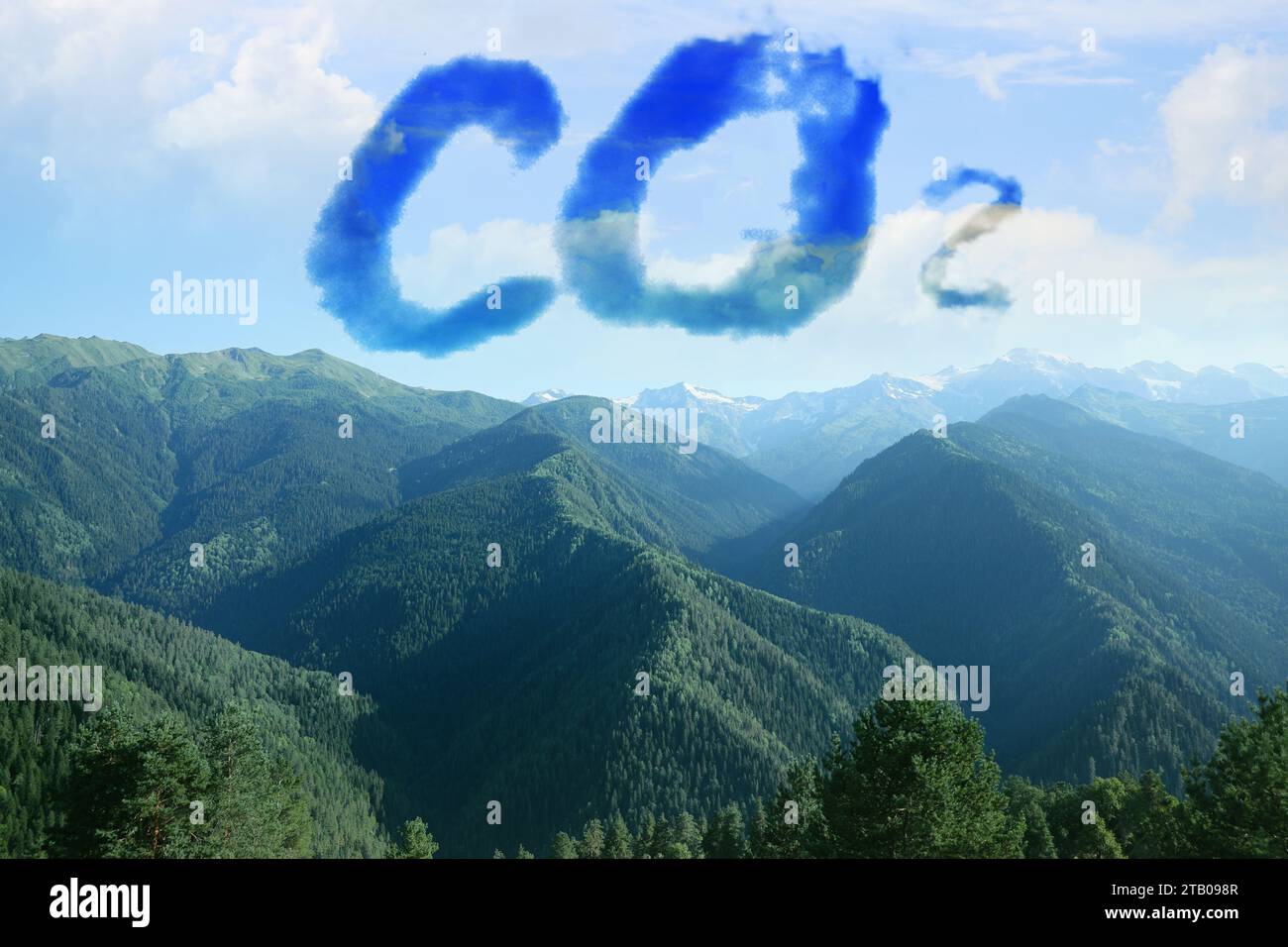 Concept of clear air. CO2 inscription and beautiful mountain landscape ...