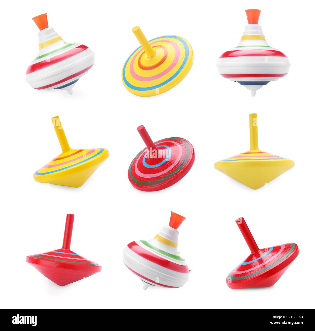 Different spinning tops isolated on white. Toy whirligig Stock Photo ...