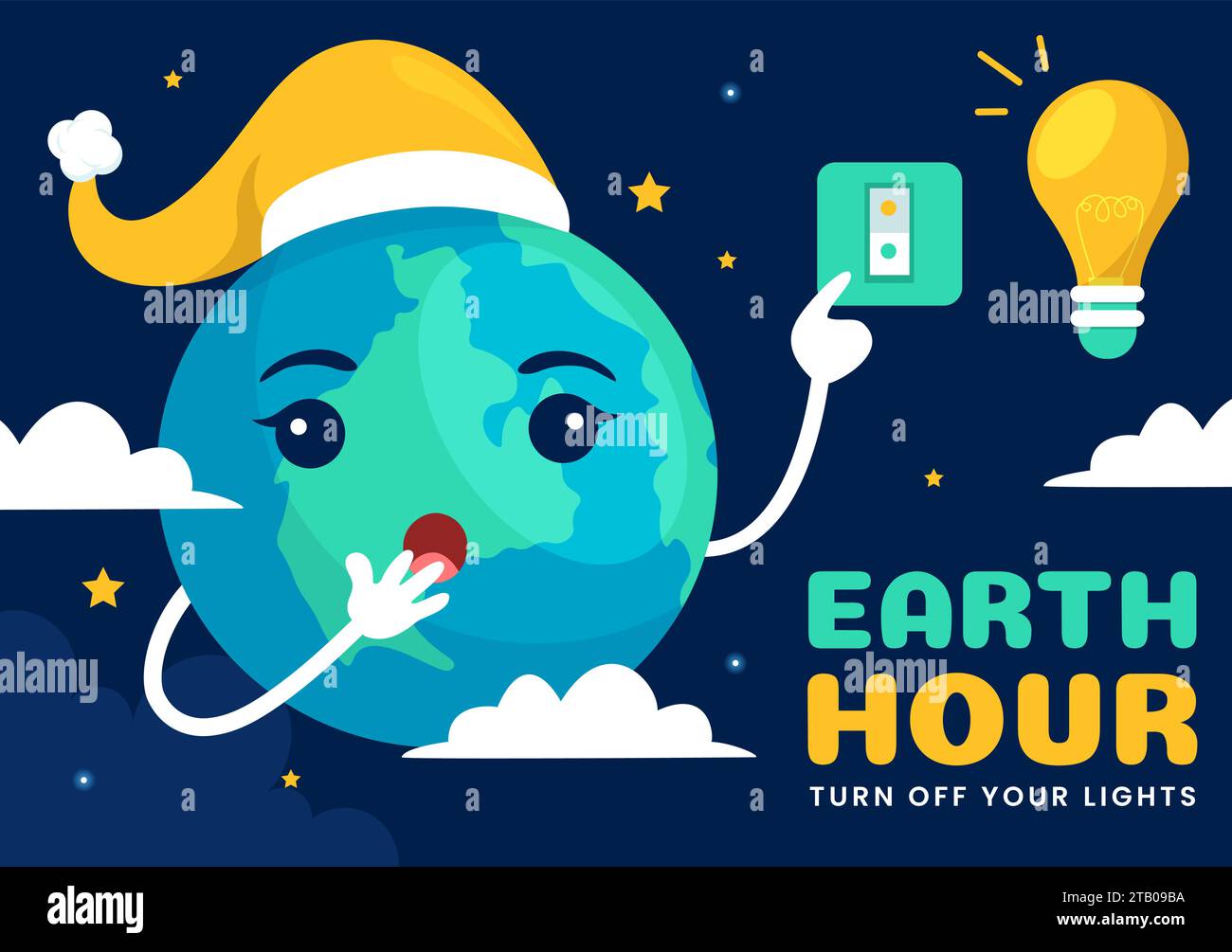 Happy Earth Hour Day Vector Illustration with Cloud, Light bulb, World ...