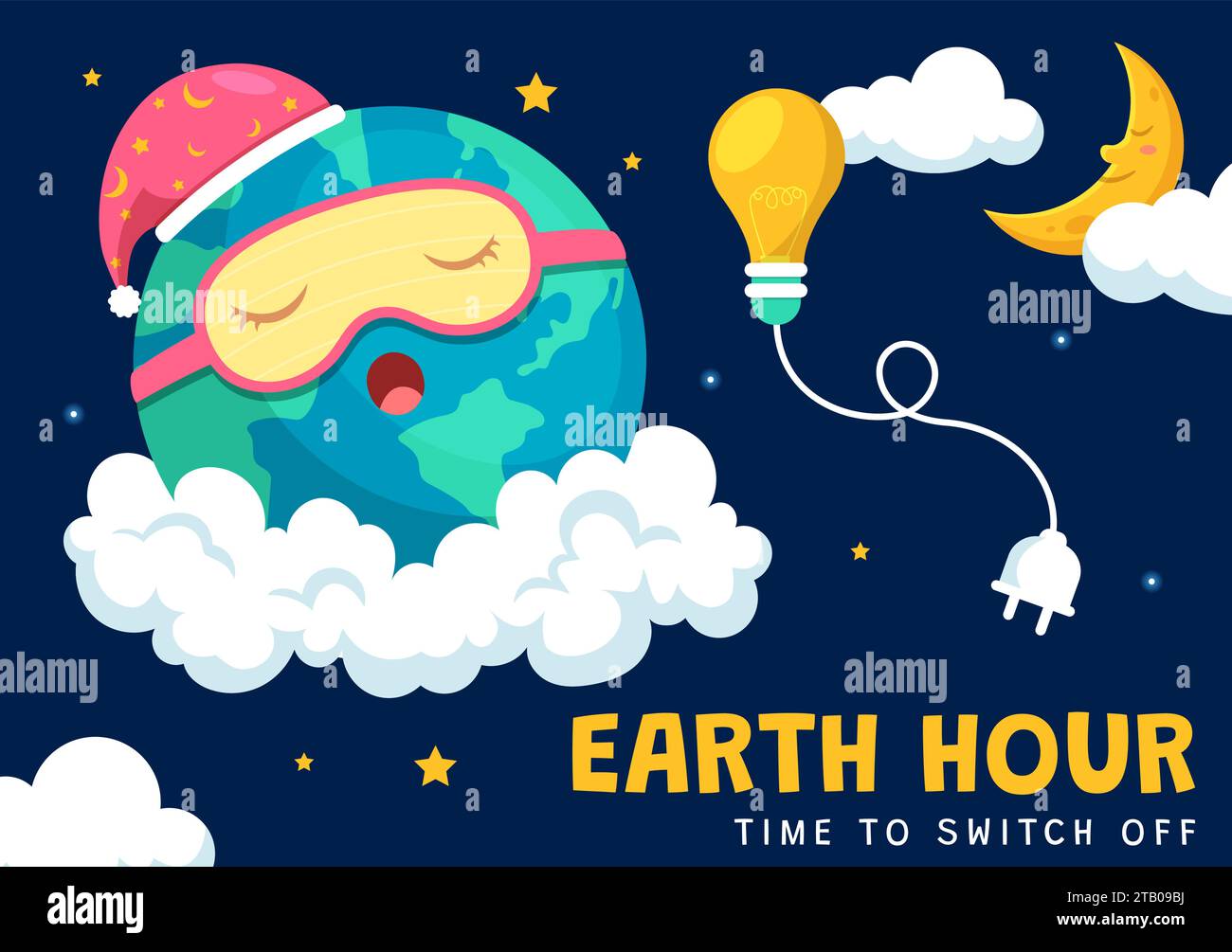 Happy Earth Hour Day Vector Illustration with Cloud, Light bulb, World ...