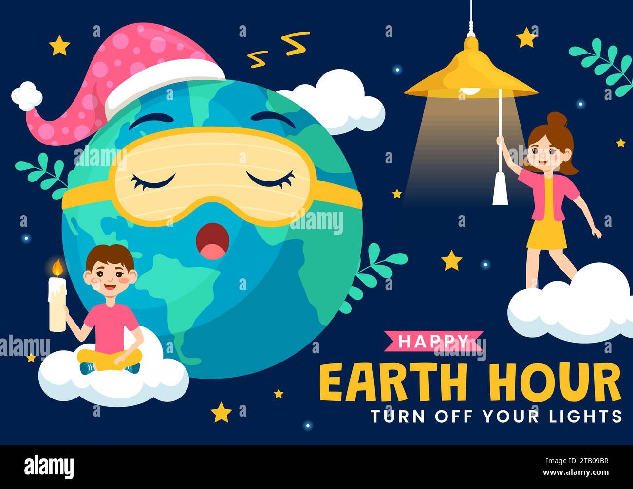 Happy Earth Hour Day Vector Illustration with Cloud, Light bulb, World ...