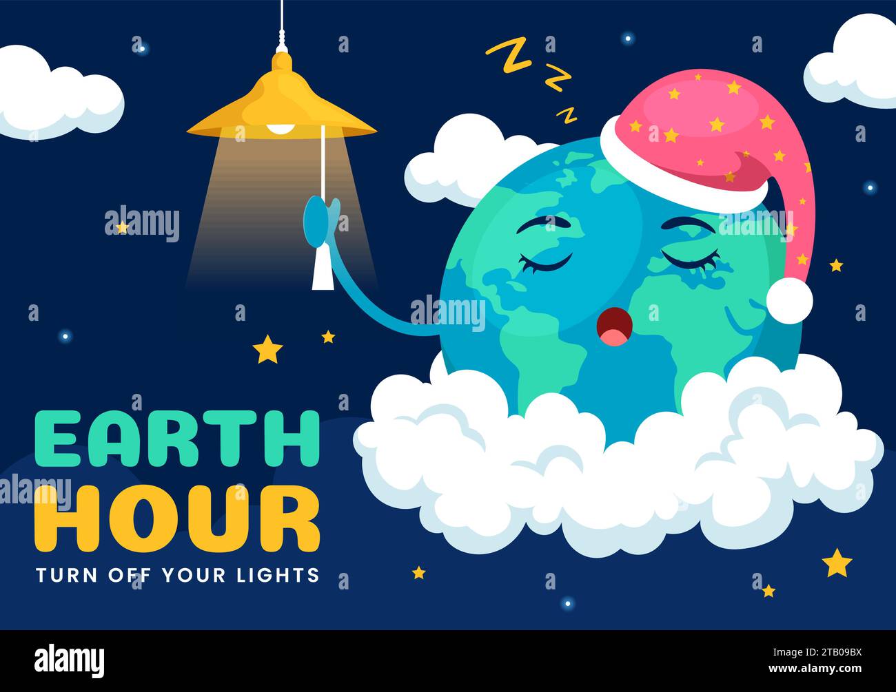 Happy Earth Hour Day Vector Illustration with Cloud, Light bulb, World ...