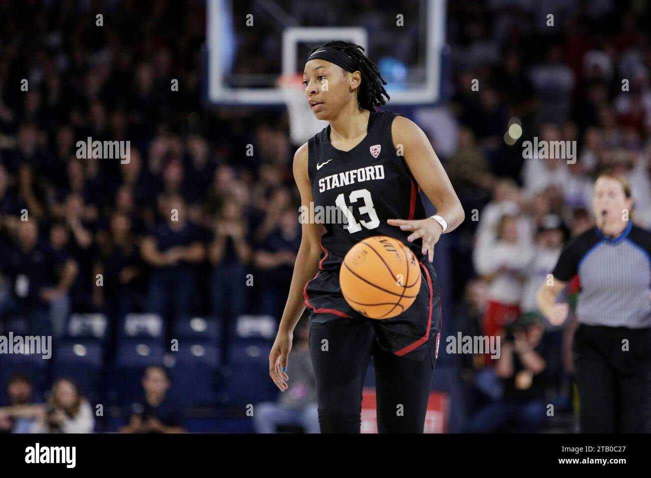 Stanford guard Chloe Clardy controls the ball during the first half of ...