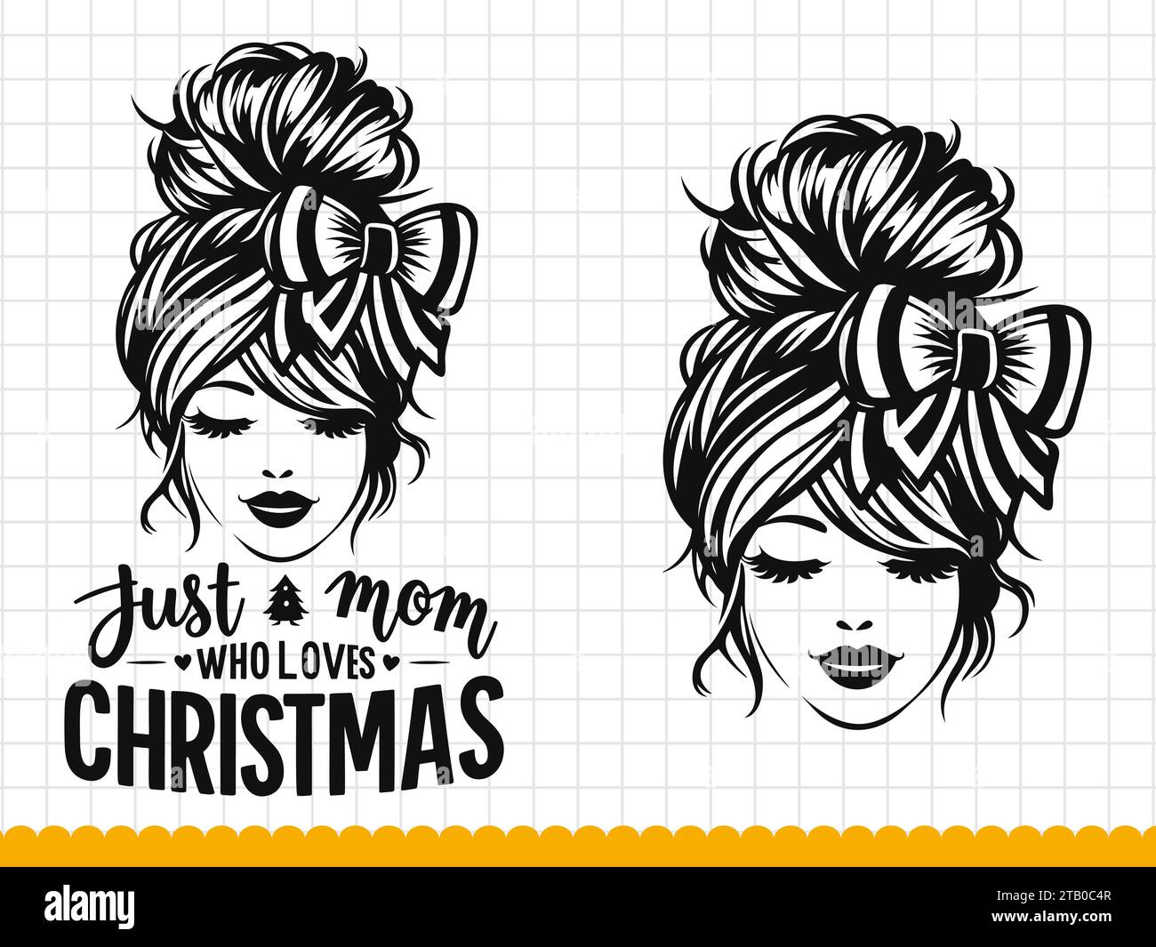 Silhouette of a mom face with messy hair in a bun and christmas quote ...