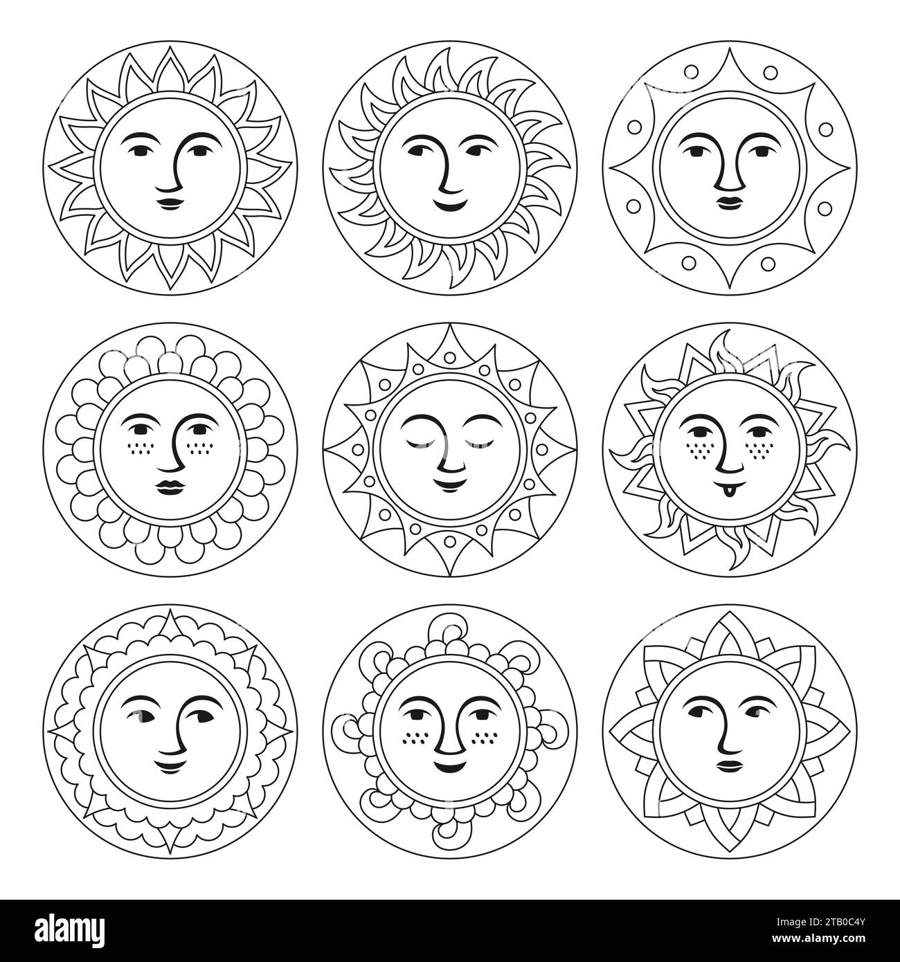 Sun with face abstract doodle cartoon set. Ethnic boho style sunny ...
