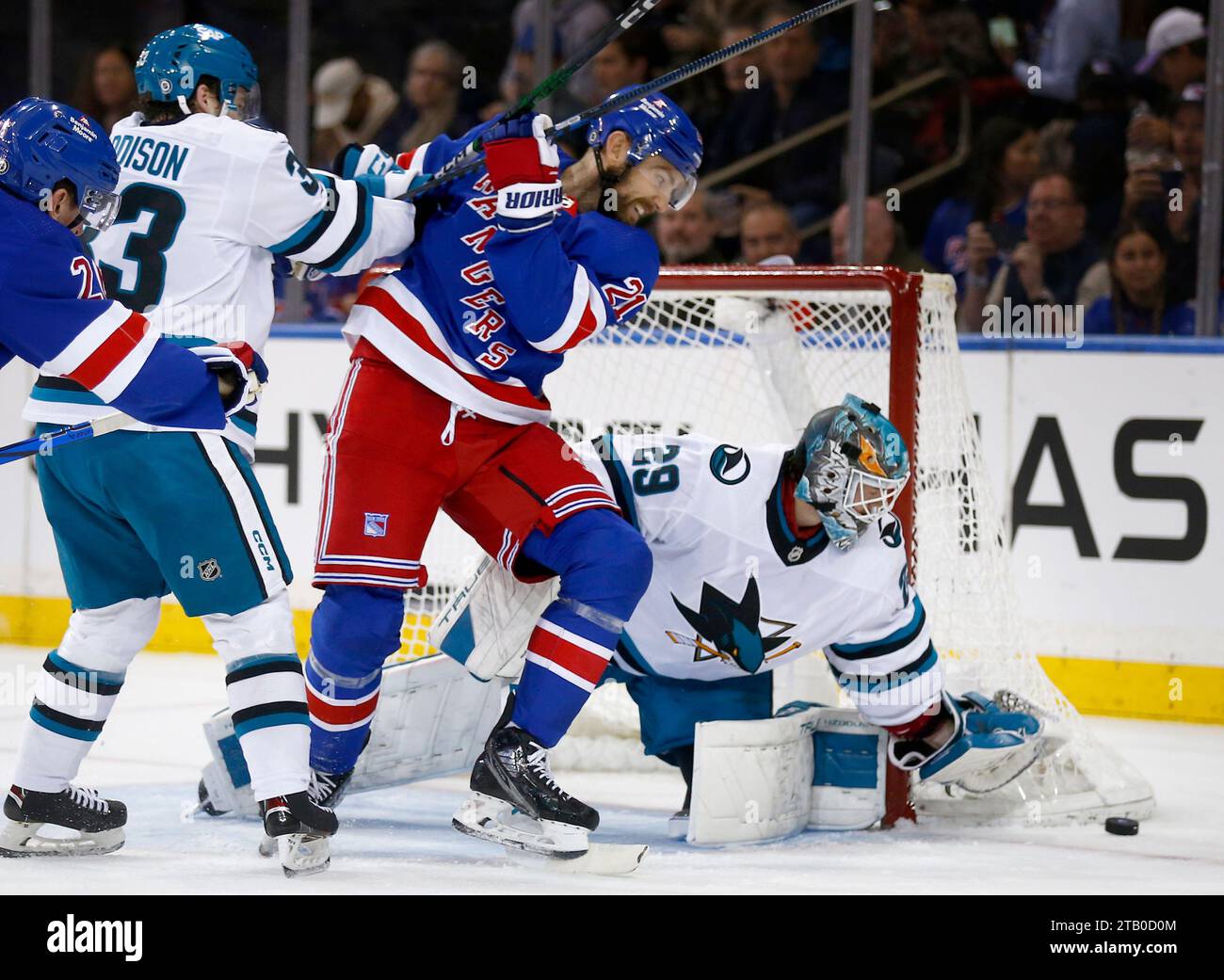 New York Rangers center Barclay Goodrow (21) battles San Jose Sharks ...