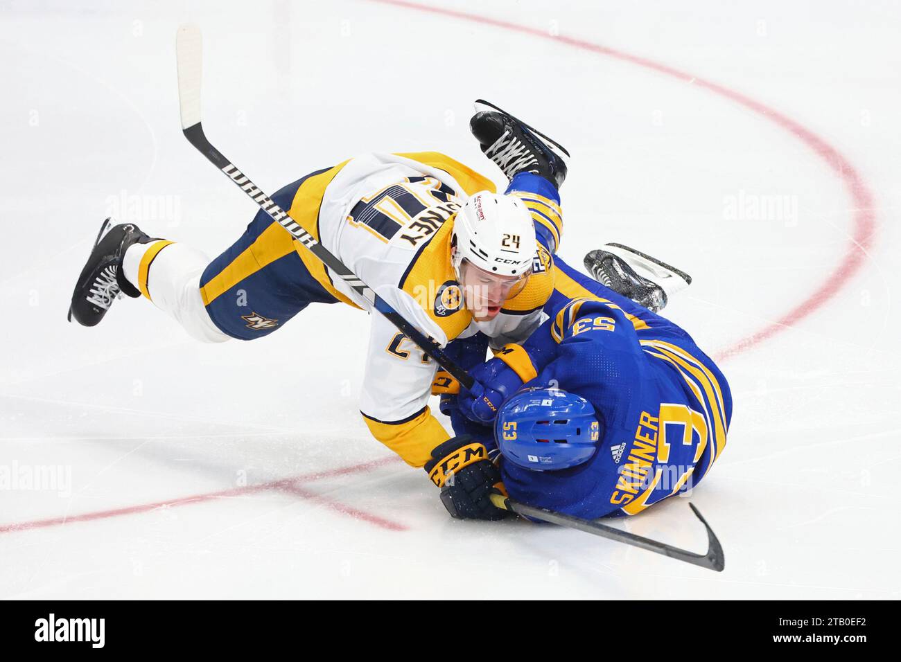 Buffalo Sabres left wing Jeff Skinner (53) is brought down by Nashville ...