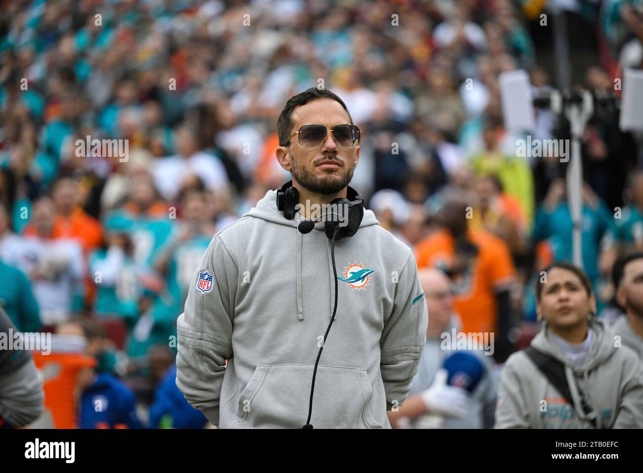 Miami Dolphins head coach Mike McDaniel looks on before an NFL football ...