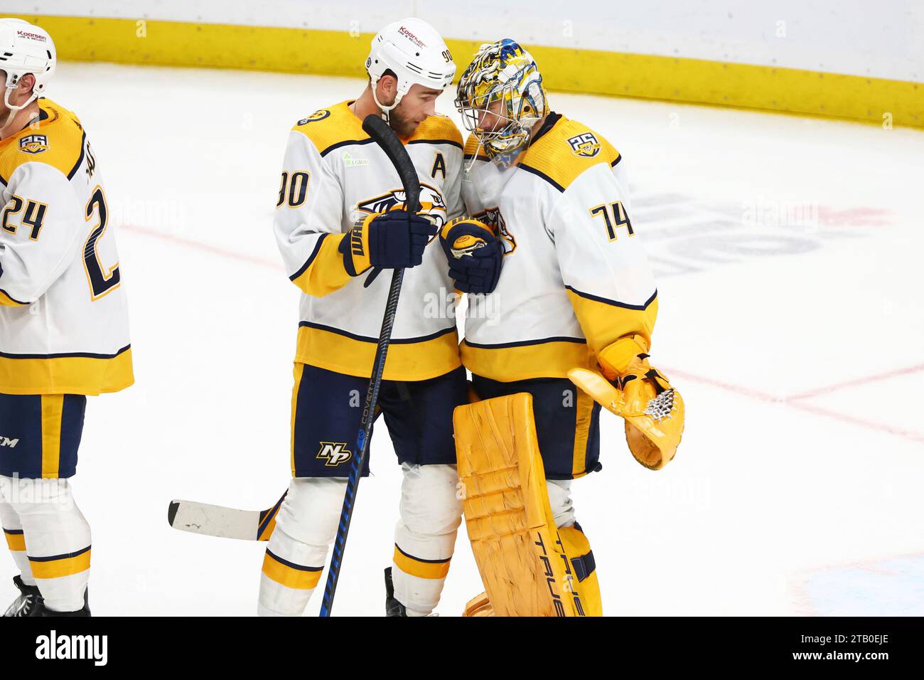 Nashville Predators goaltender Juuse Saros (74) celebrates a victory ...