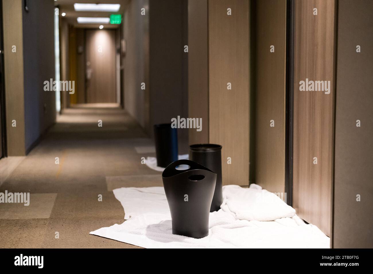 Los Angeles, USA. 21 Aug, 2023. Flooding in a hallway after a storm ...