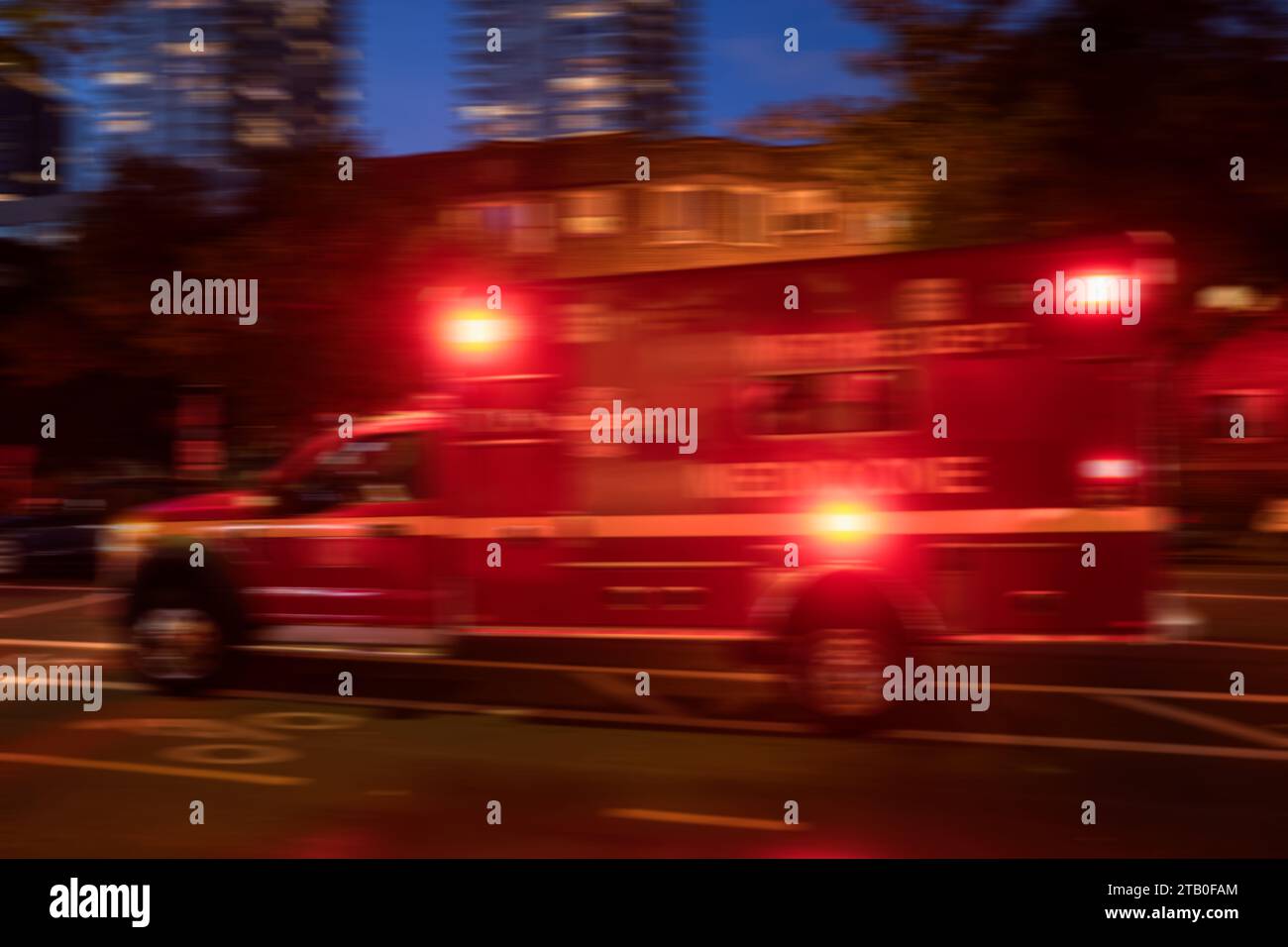 Seattle, USA. 7th Sep, 2023. Blurred motion effect for urgency of an ambulance rushing to give ...