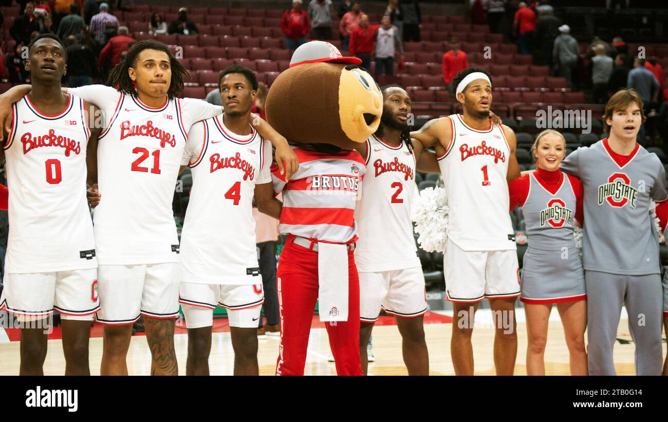 Columbus, Ohio, USA. 3rd Dec, 2023. Brutus the Buckeye celebrates Ohio ...