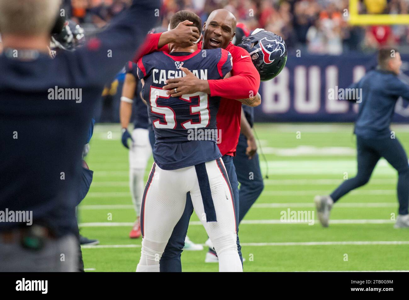 Houston, TX, USA. 3rd Dec, 2023. Houston Texans head coach DeMeco Ryans and linebacker Blake ...