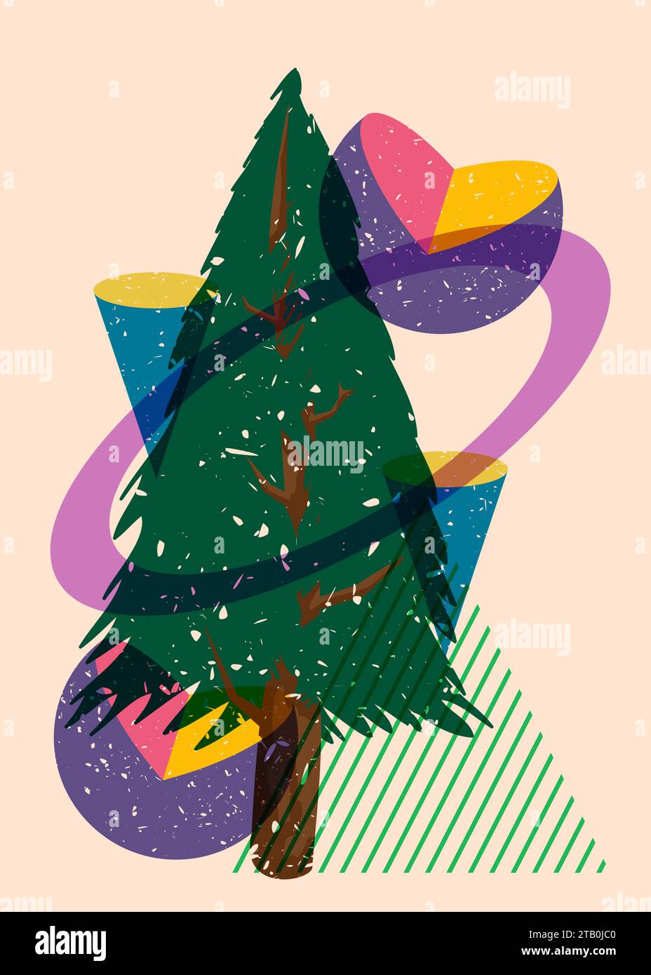 Risograph Christmas Tree with geometric shapes. Pine tree and objects ...