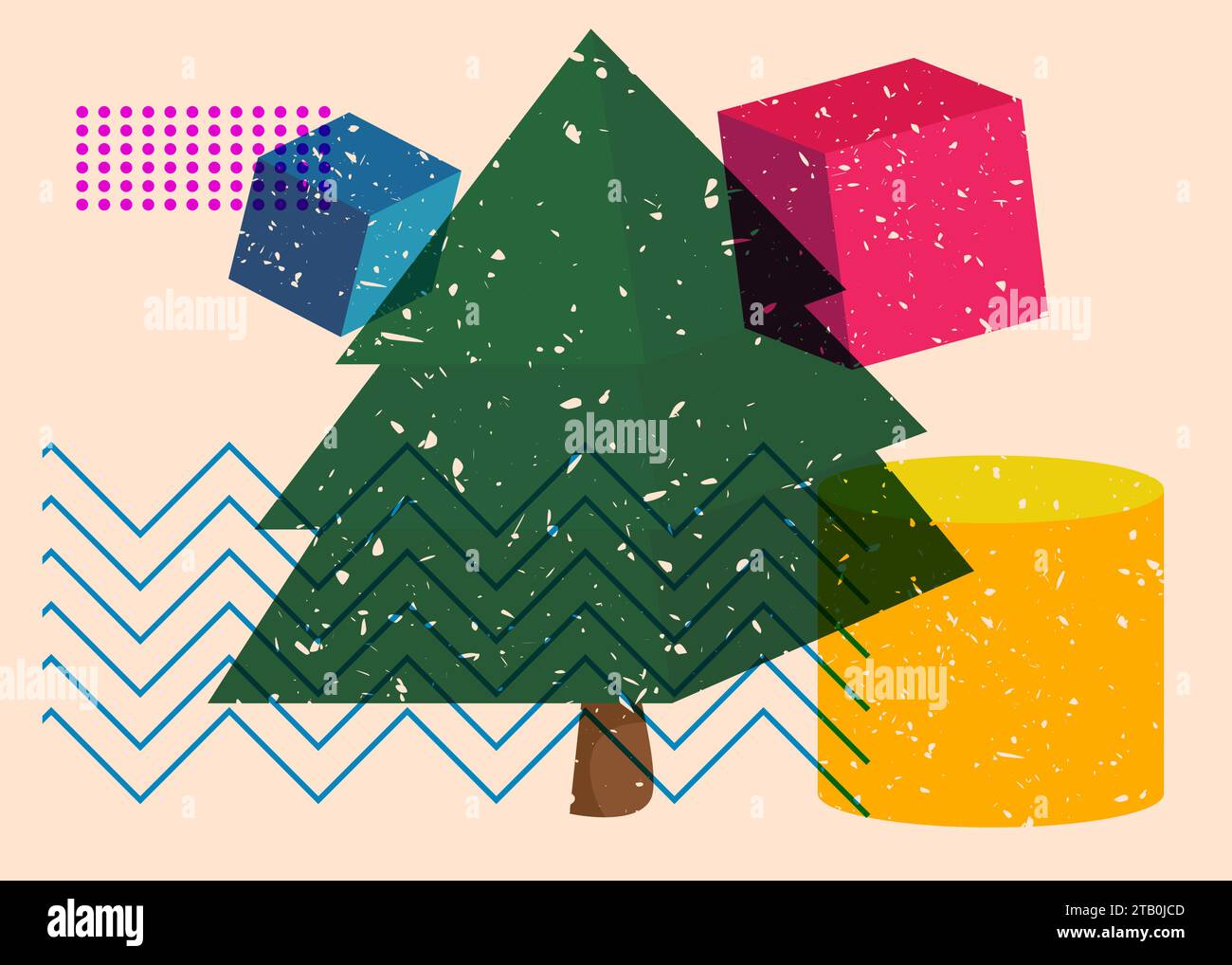 Risograph Christmas Tree with geometric shapes. Pine tree and objects ...