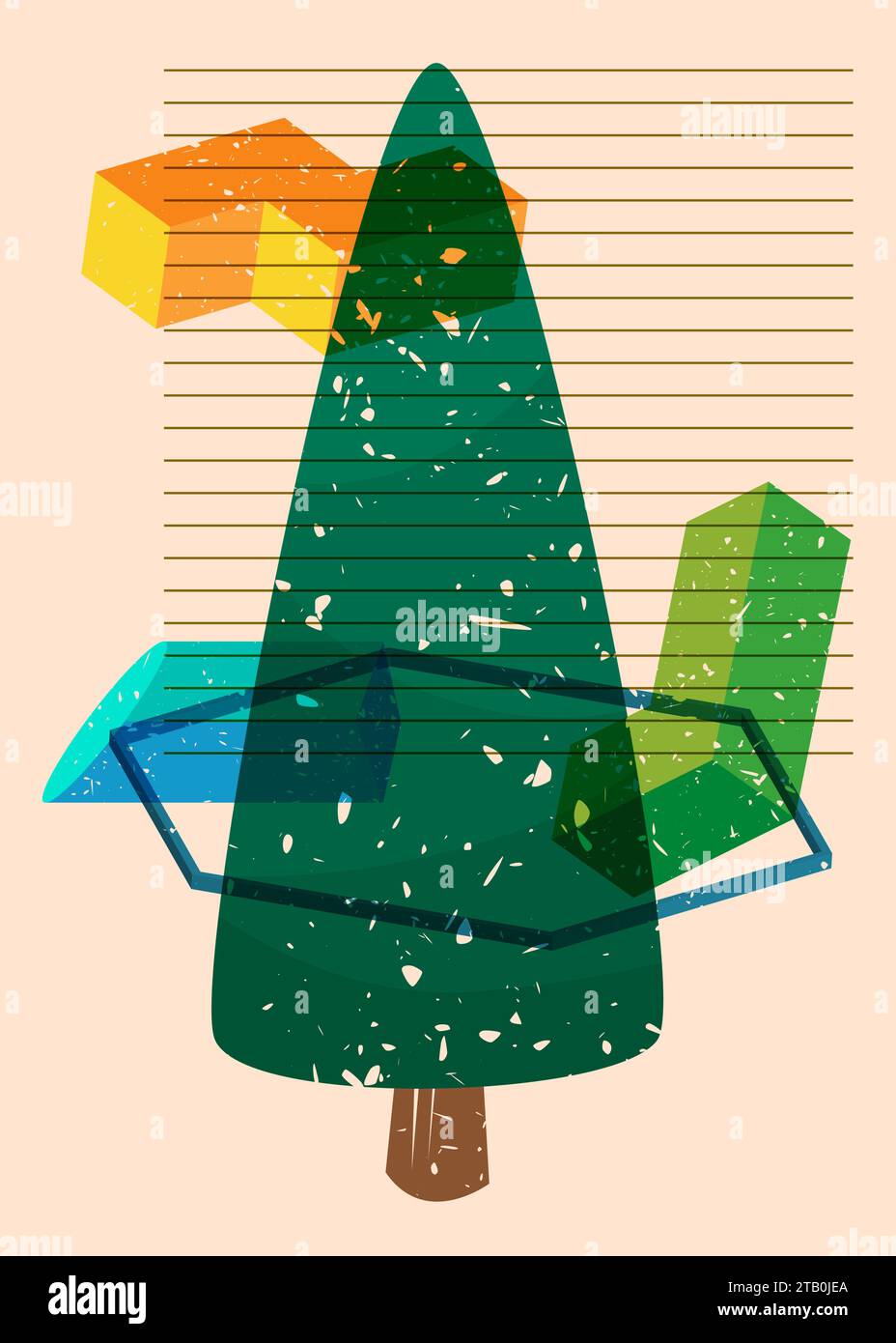 Risograph Christmas Tree with geometric shapes. Pine tree and objects ...