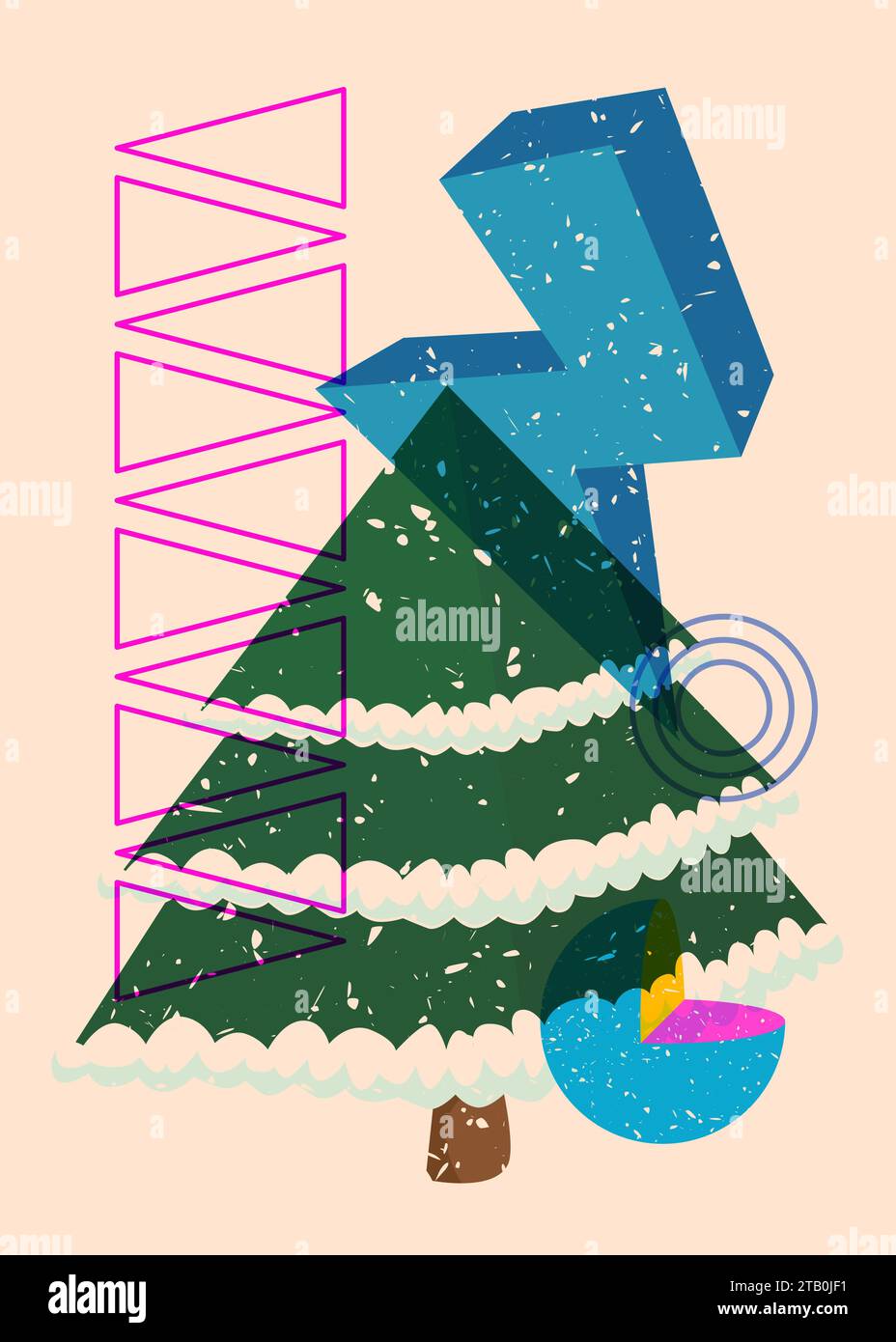 Risograph Christmas Tree with geometric shapes. Pine tree and objects ...