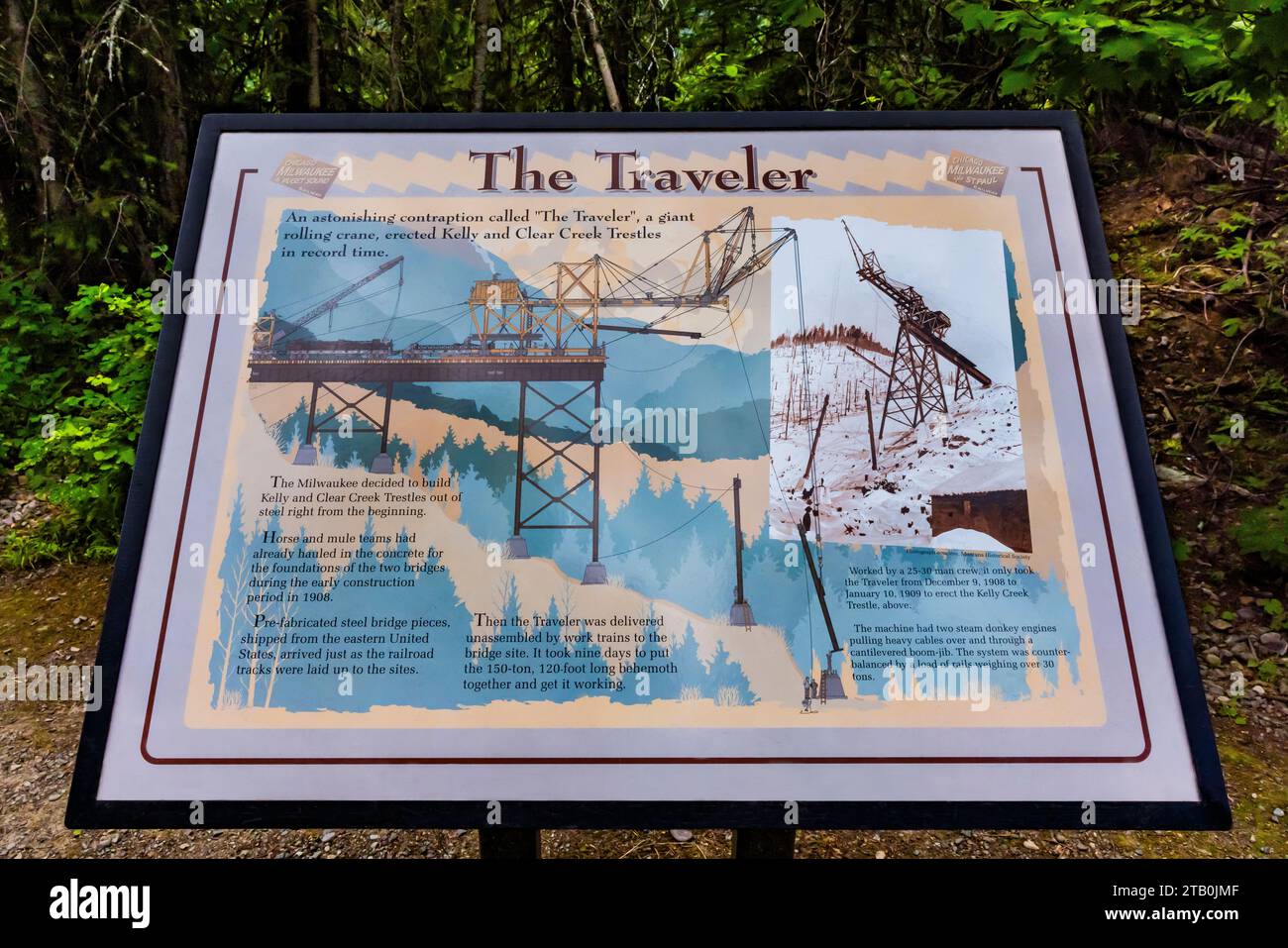 Interpretive sign about building trestles along railroad, now the Hiawatha Scenic Bike Trail ...