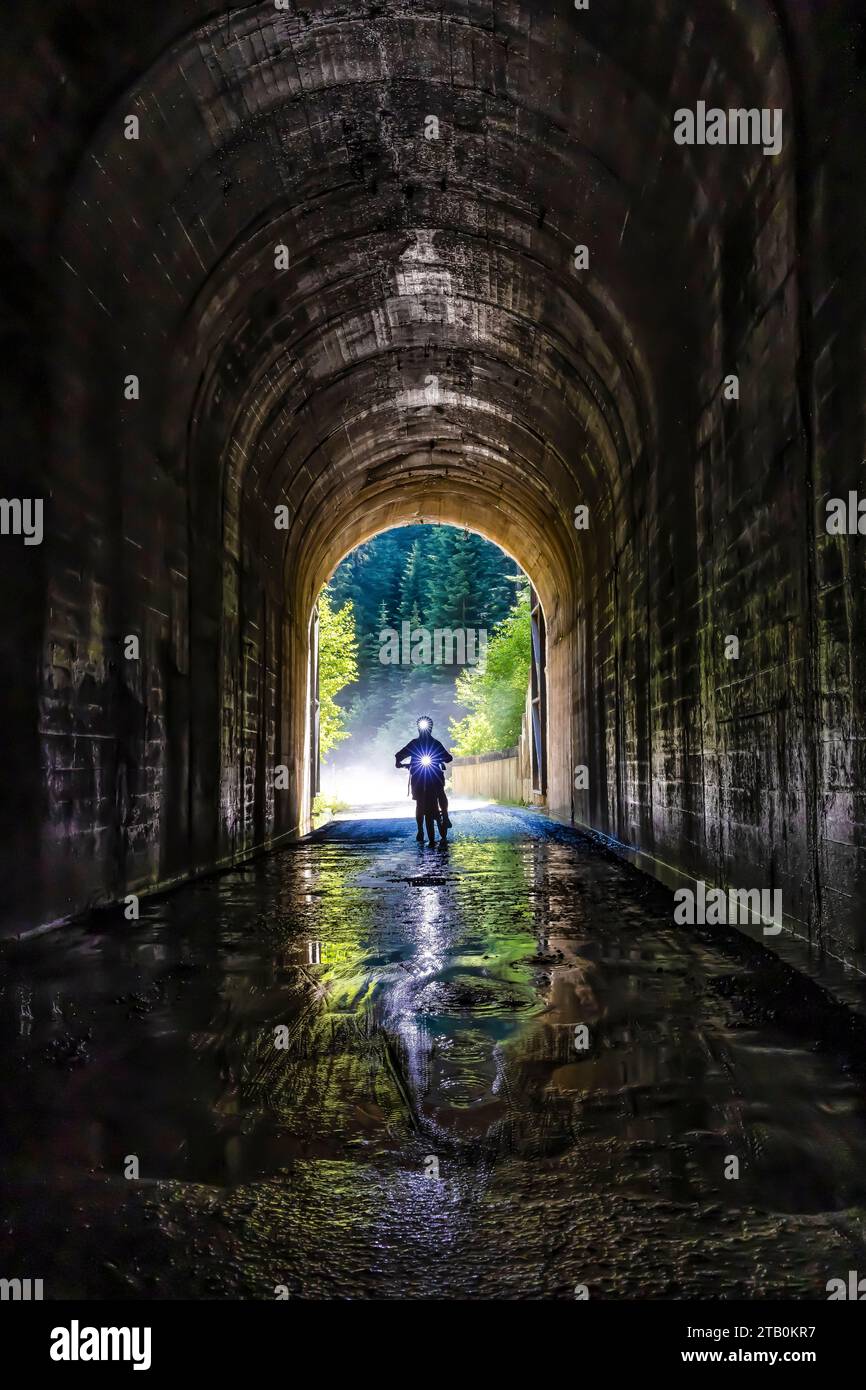 Bicycle in the St. Paul Pass Tunnel along the Hiawatha Scenic Bike Trail, Montana and Idaho, USA ...