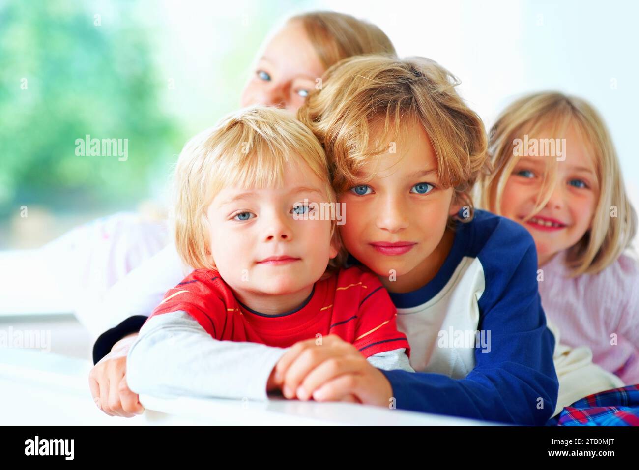 Portrait, bed or children with brother and sister siblings in their ...