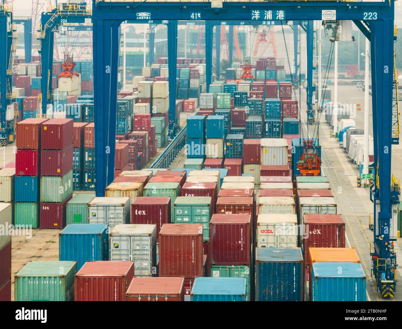 Aerial top view of Container ship loading and unloading, Cargo ...