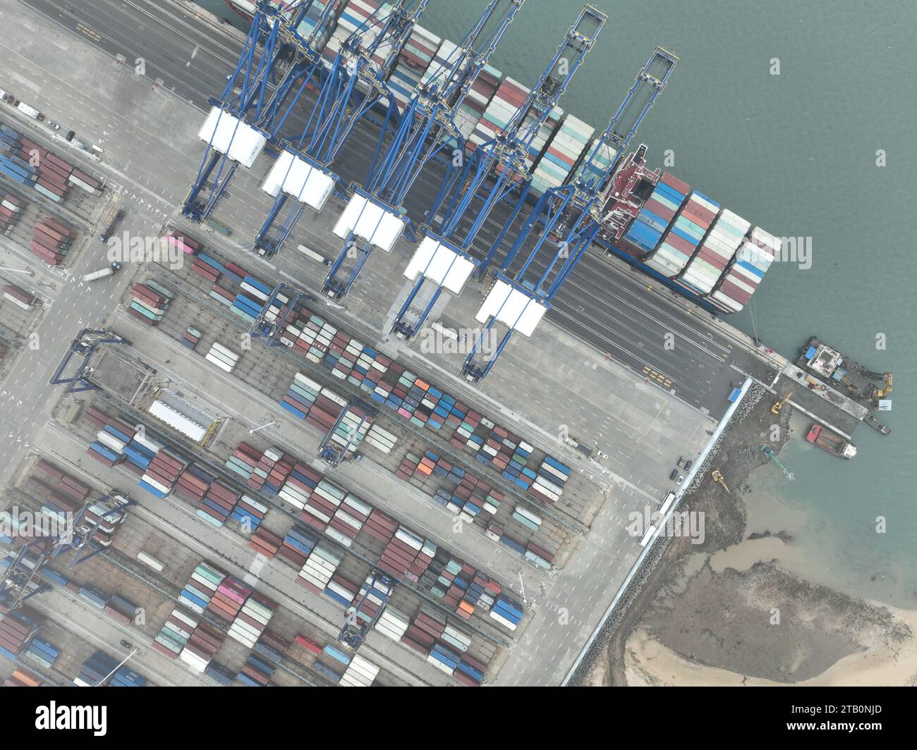 Aerial top view of Container ship loading and unloading, Cargo ...