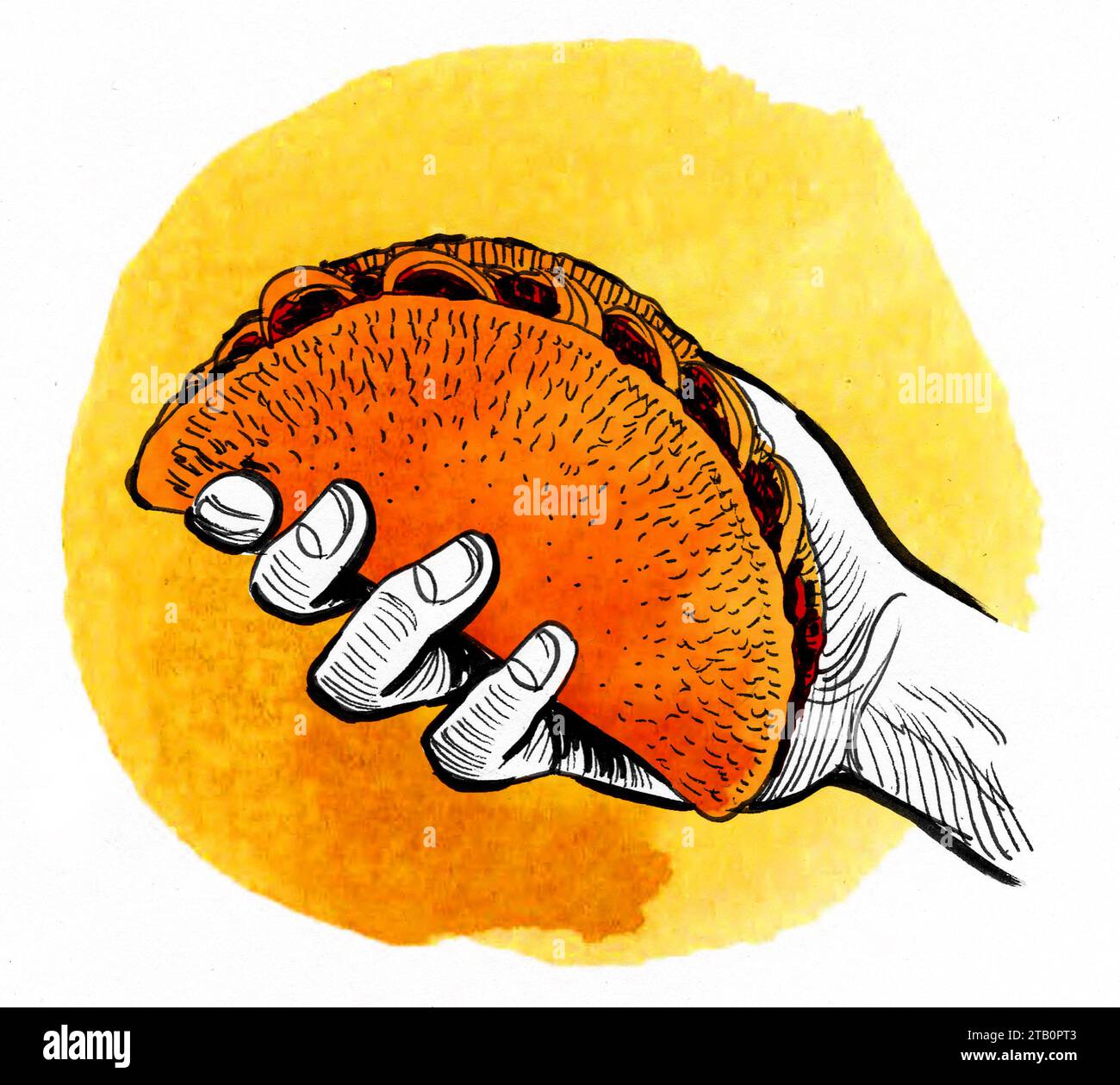 Hand holding a taco. Hand-drawn ink and watercolor sketch Stock Photo ...